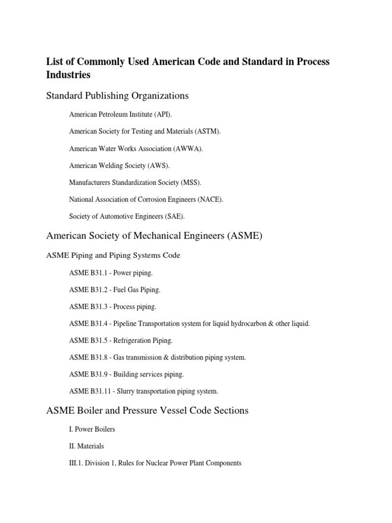 List of Commonly Used American Code and Standard in Process Industries ...