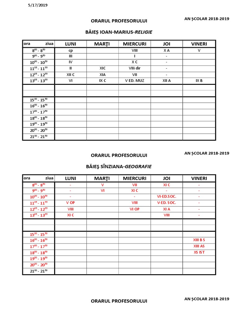 Orar 2018-2019 Prof | PDF