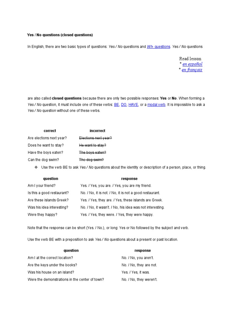 Yes / No Questions (Closed Questions) : Read Lesson | PDF | Question ...