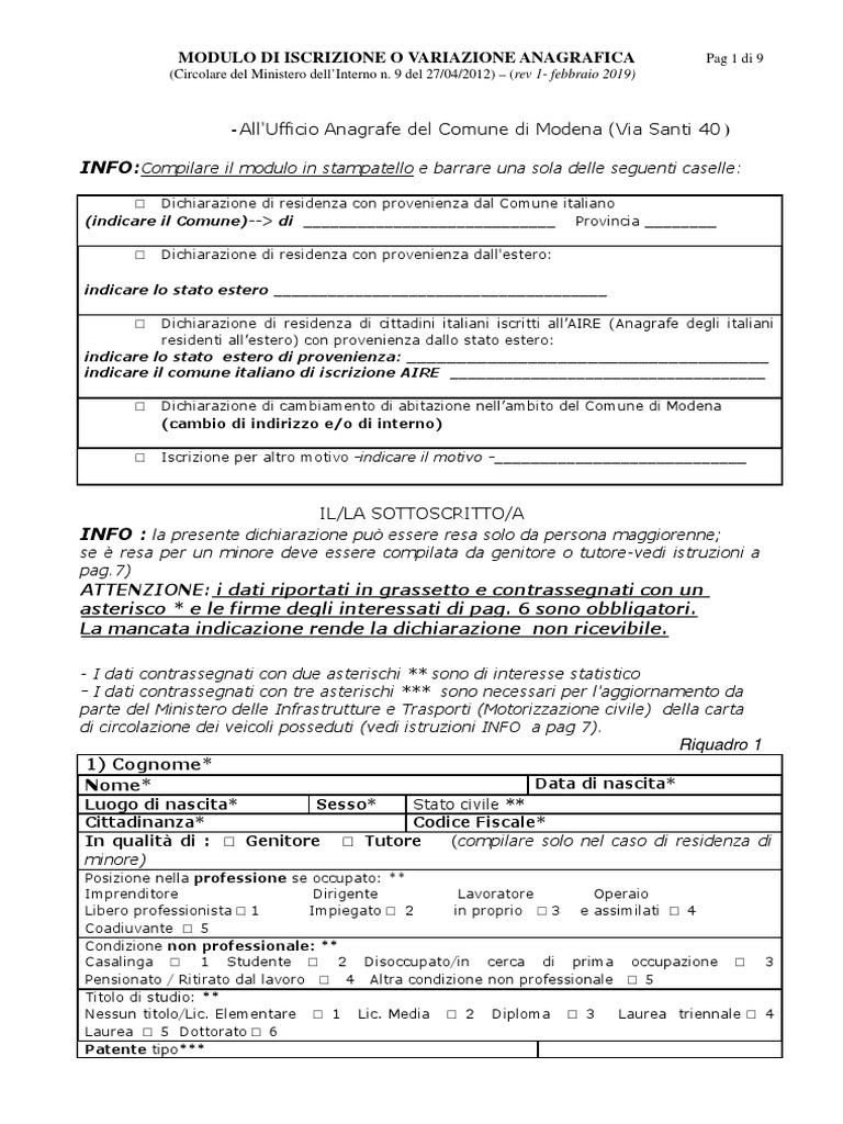 Modulo Ministeriale Iscrizione Anagrafica | PDF