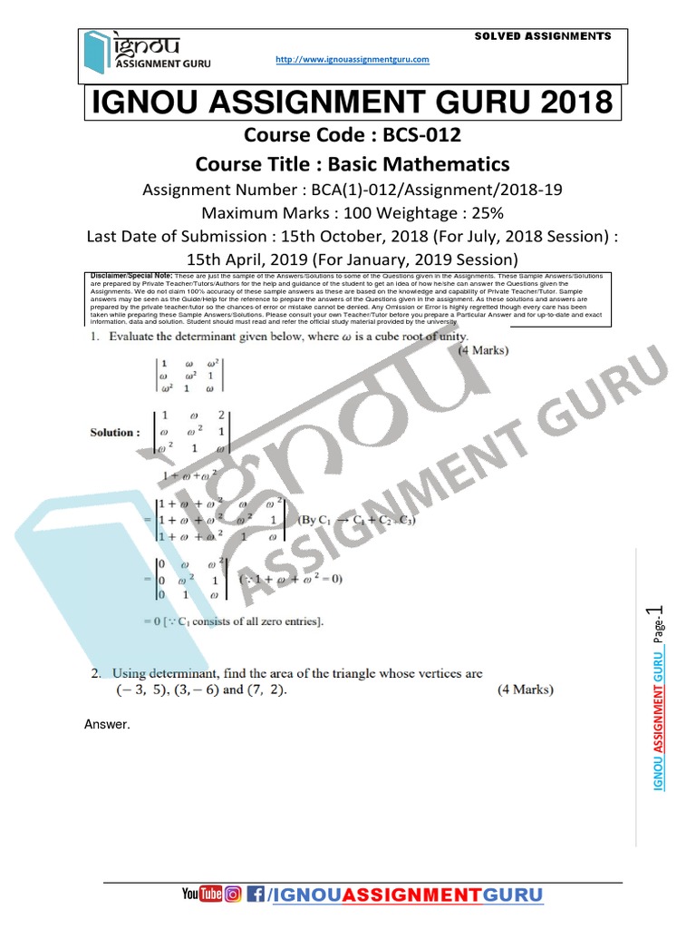 Ignou Assignment Guru 2018: Course Code: BCS-012 Course Title: Basic Mathematics | PDF | Tutor ...