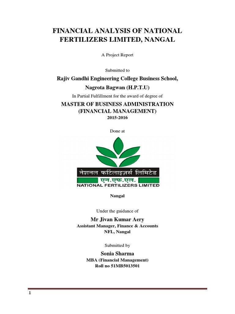 Financial Analysis of National Fertilizers Limited, Nangal | PDF ...