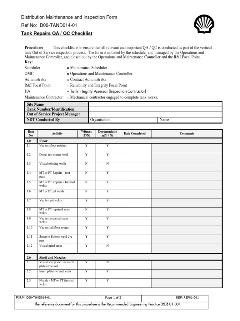 Tank Repair QA/QC Checklist Form | PDF | Engineering | Mechanical ...