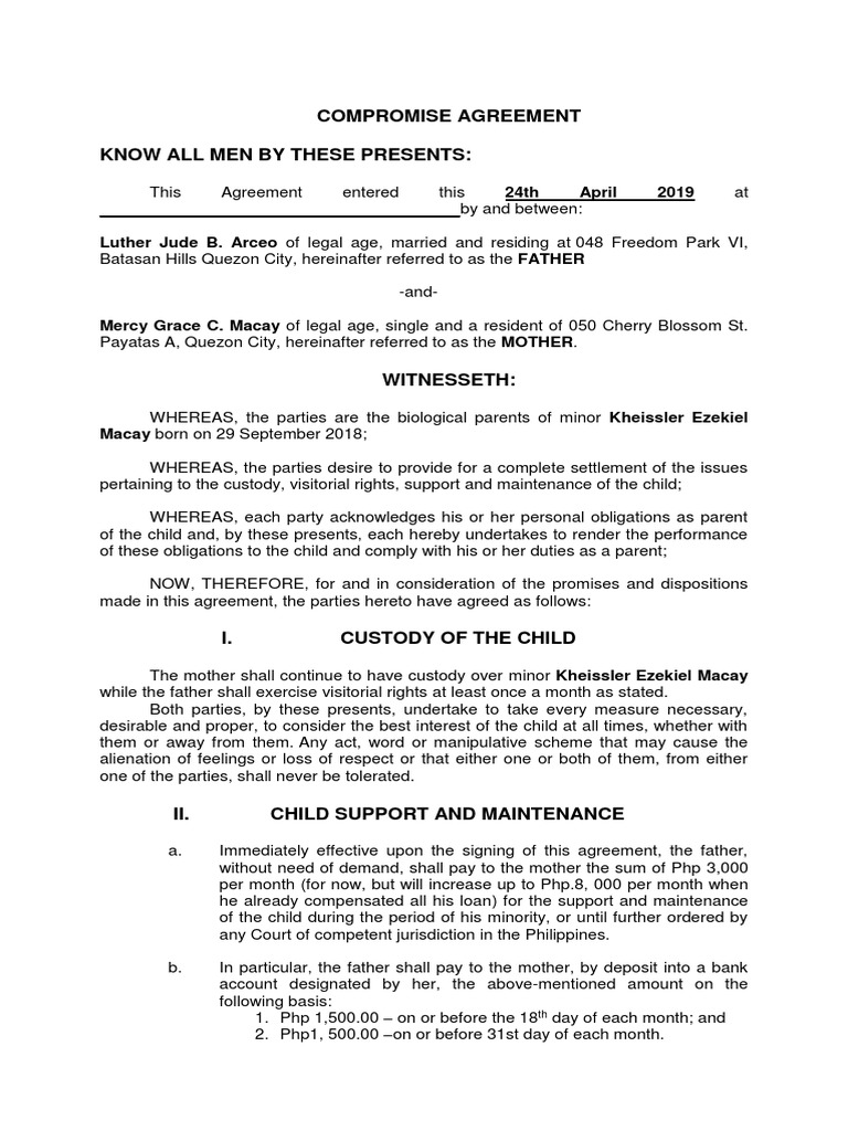 Compromise Agreement Support | PDF | Child Custody | Father