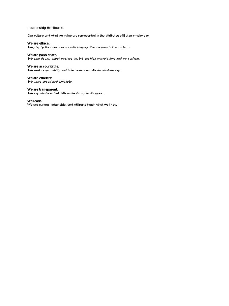 Eaton Leadership Attributes Explained | PDF | Business