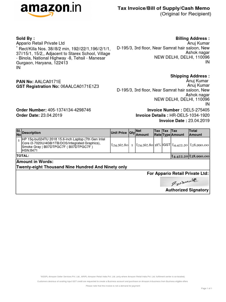 HP Laptop Invoice for Anuj Kumar | PDF | Invoice | Value Added Tax
