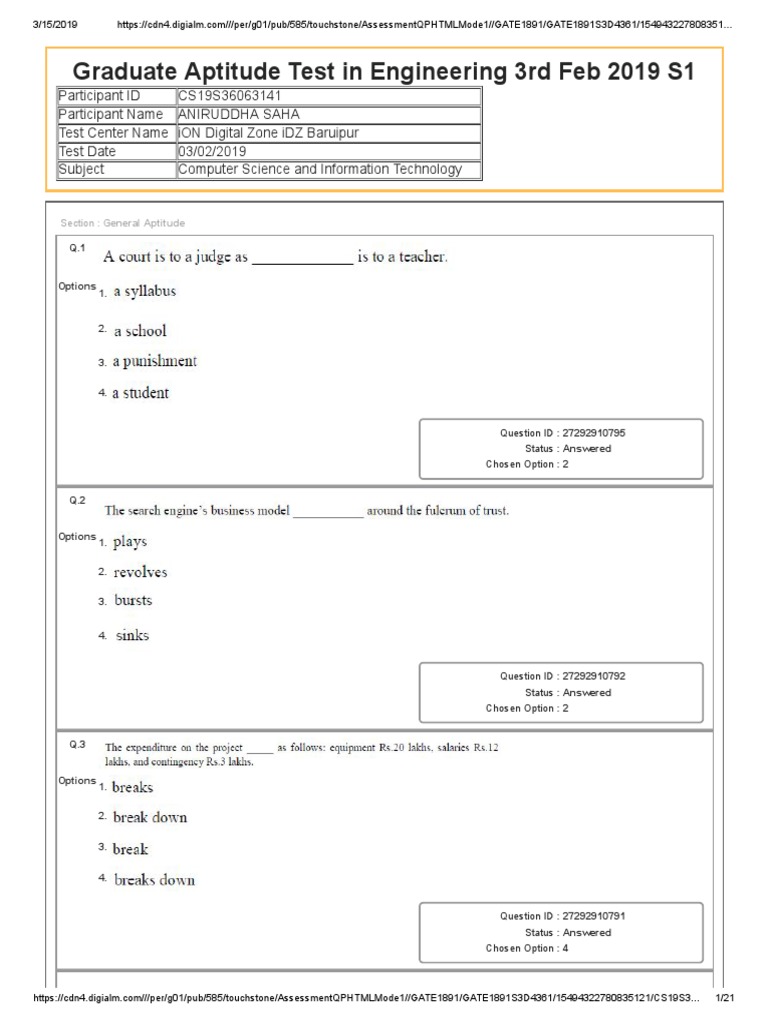 Graduate Aptitude Test in Engineering 3rd Feb 2019 S1 | PDF | Computer ...