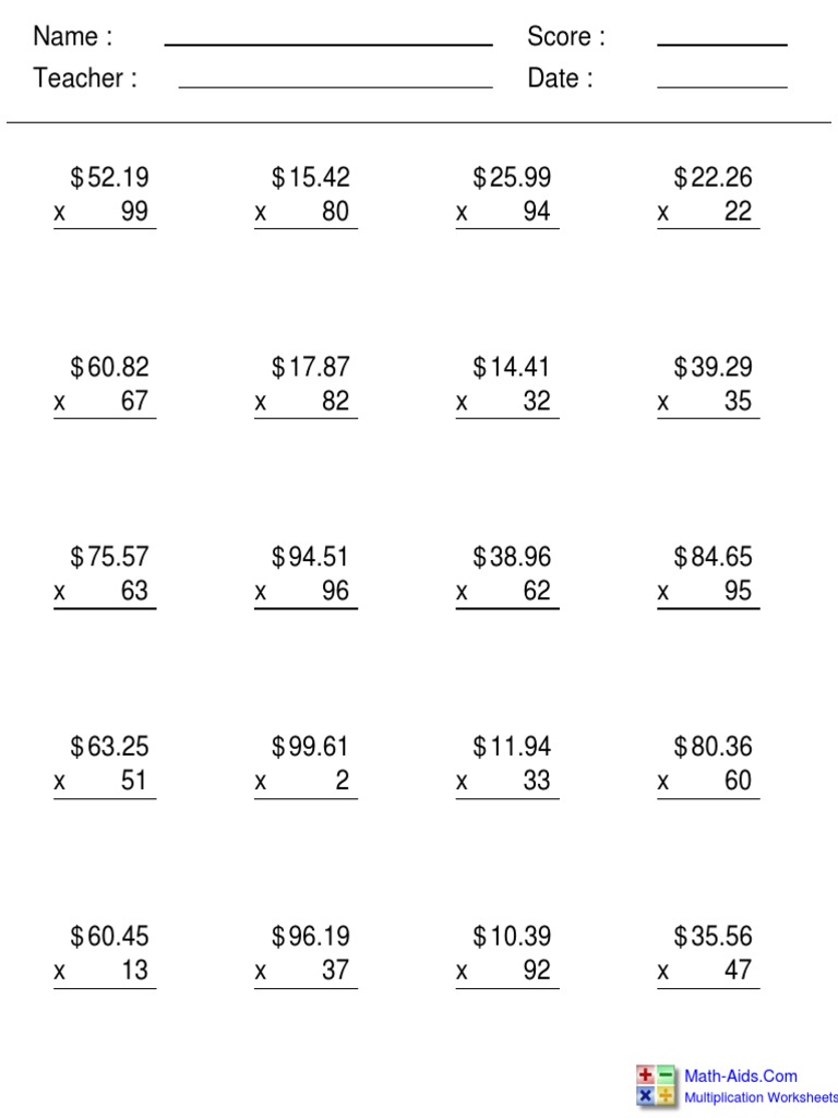 Multiplication Practice Worksheet with Name, Date, Teacher, and Score ...