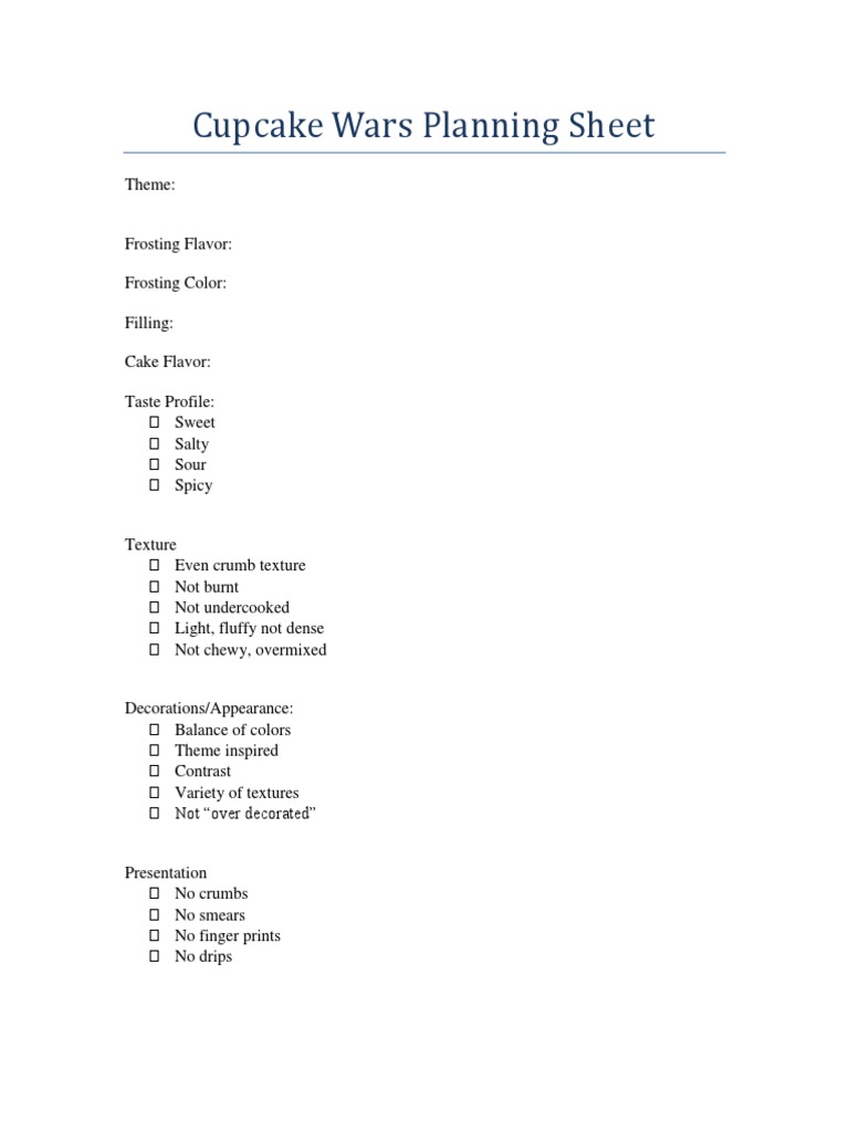 Cupcake Wars Planning Sheet | PDF | Taste | Foods