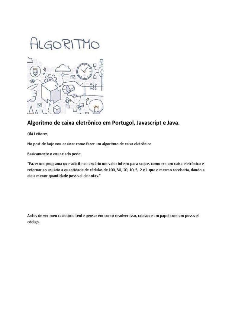 Algoritmo de Caixa Eletrônico em Portugol Javascript e Java | PDF ...
