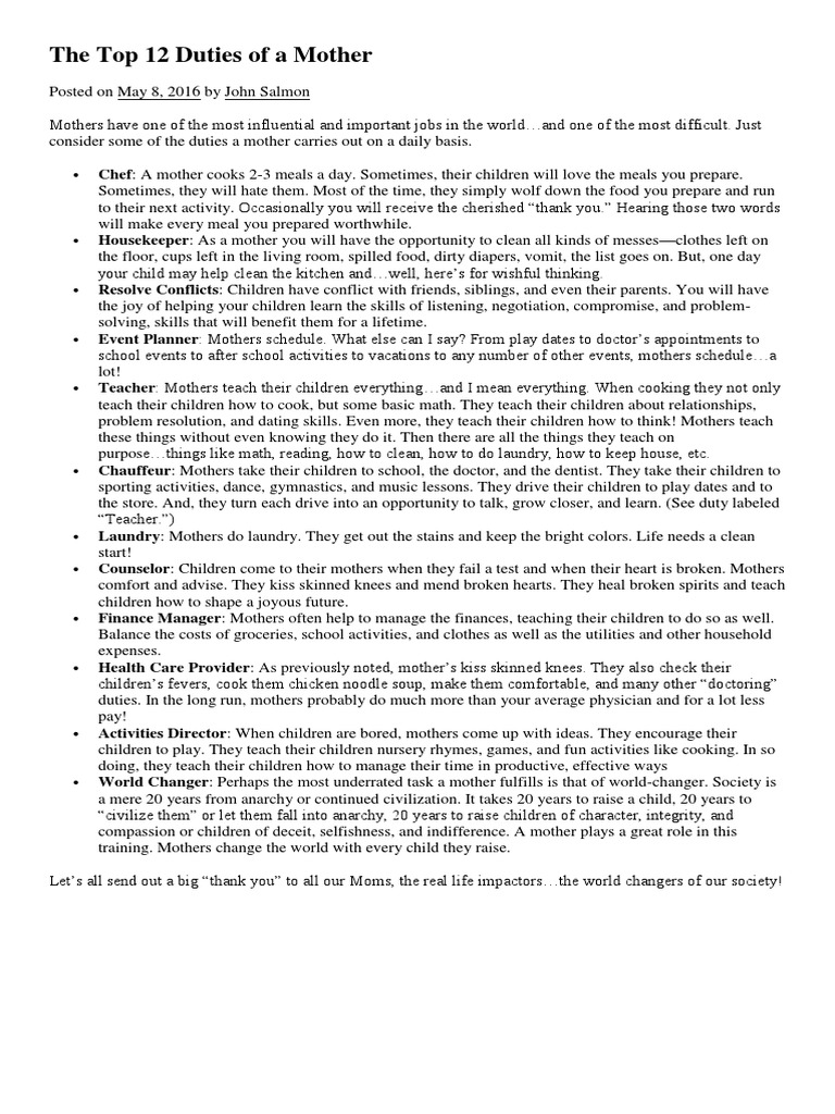 Top 12 Duties of a Mother and Their Impact | PDF | Love | Virtue