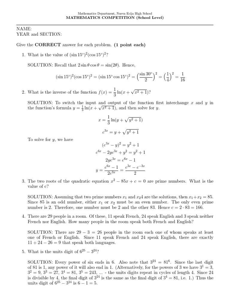 Math Contest Problems for Students | PDF | Quadratic Equation ...