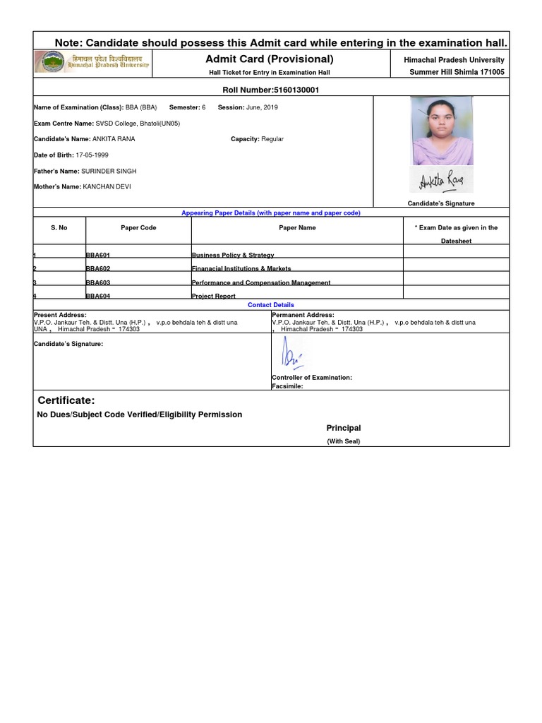 Admit Card (Provisional) : Roll Number:5160130001 | PDF