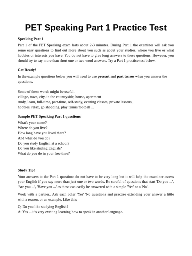 PET Speaking Part 1 Practice Test | PDF