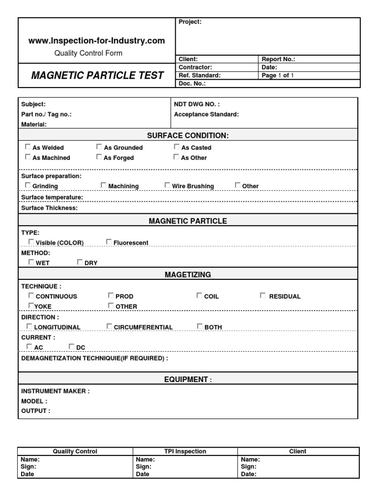 Magnetic Particle Test Quality Control and Inspection Report Form PDF | PDF