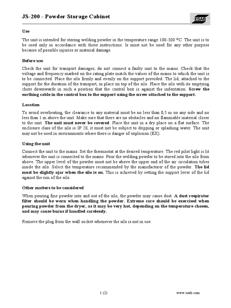 JS-200 - Powder Storage Cabinet | PDF | Equipment | Electrical Engineering