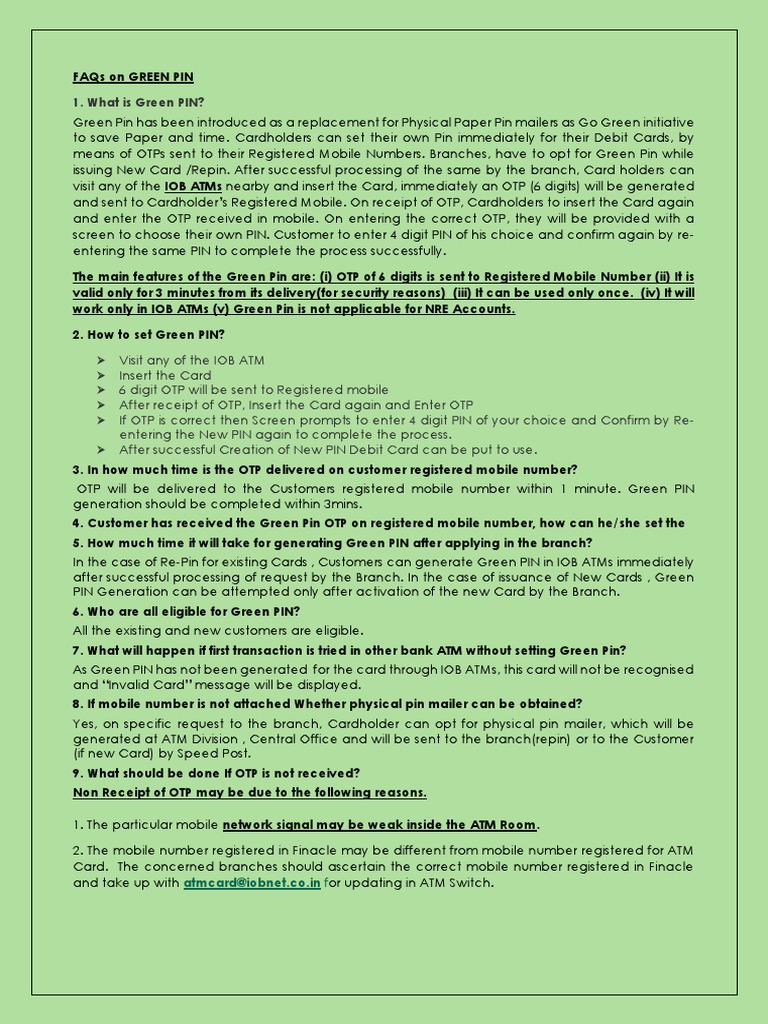 What Is Green PIN?: Atmcard@iobnet - Co.in F | PDF | Personal ...