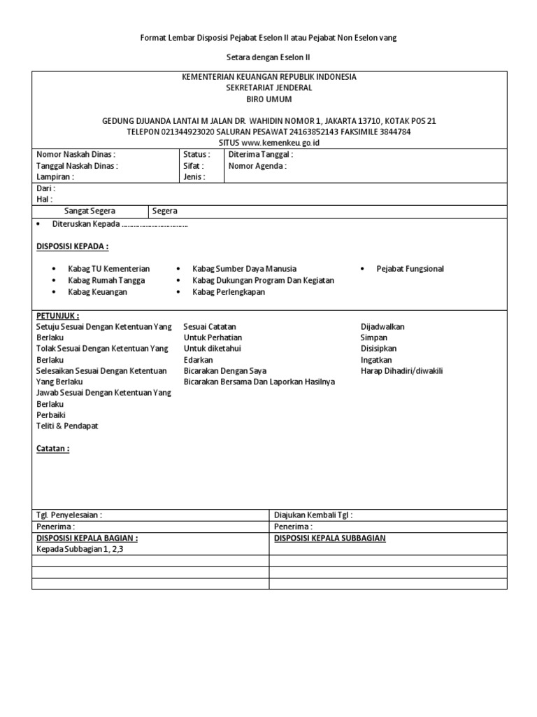 Format Lembar Disposisi Pejabat Eselon II Atau Pejabat Non Eselon Vang ...