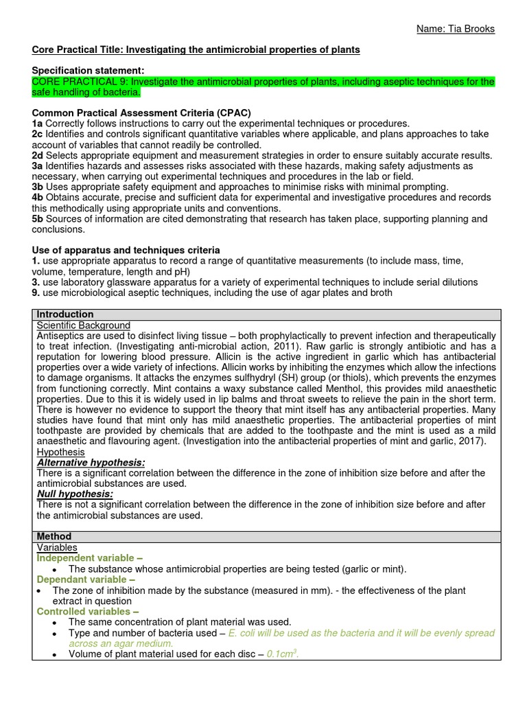 Core Practical 9 Antimicrobial Properties of Plants Writing Frame | PDF | Antimicrobial | Nature