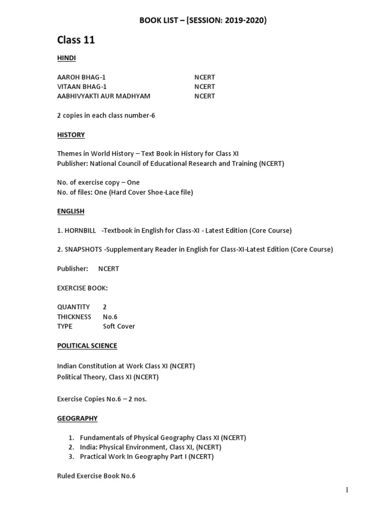 Class 11: BOOK LIST - (SESSION: 2019-2020) | PDF | Science