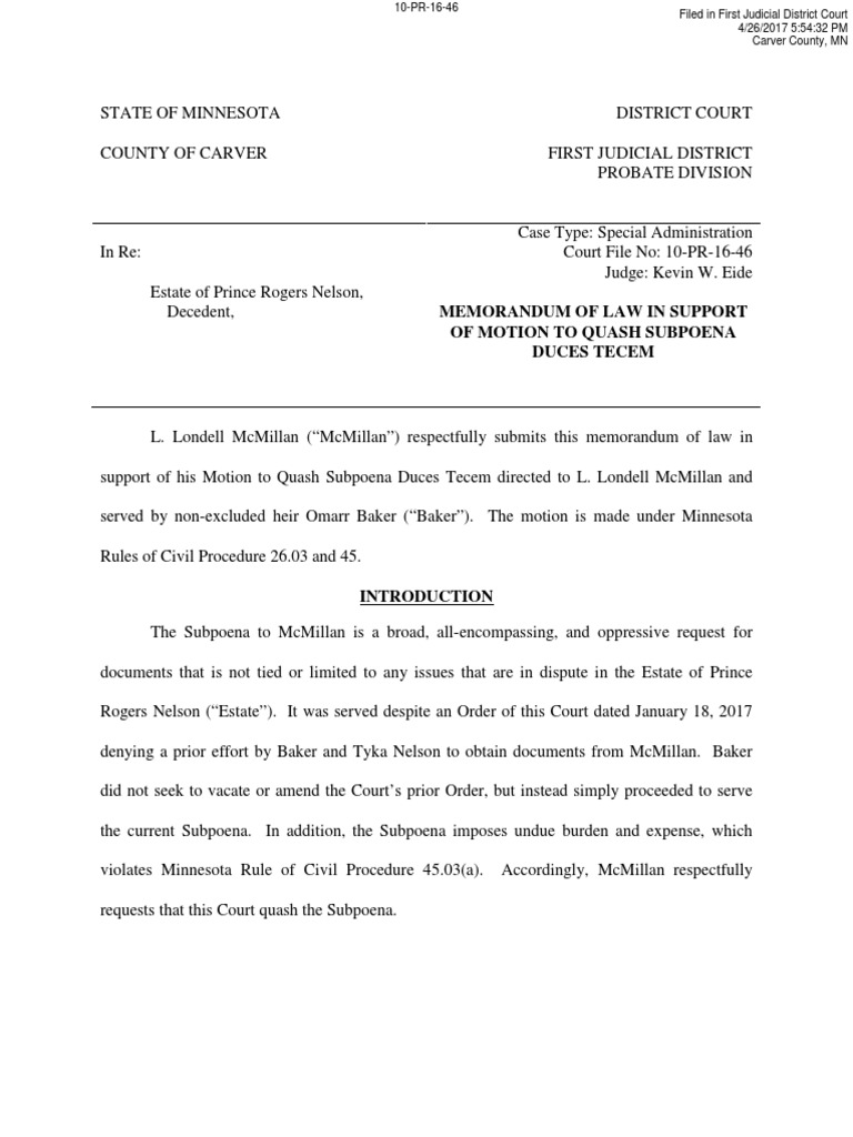 Memorandum of Law in Support of Motion To Quash Subpoena Duces Tecum | PDF | Discovery (Law ...