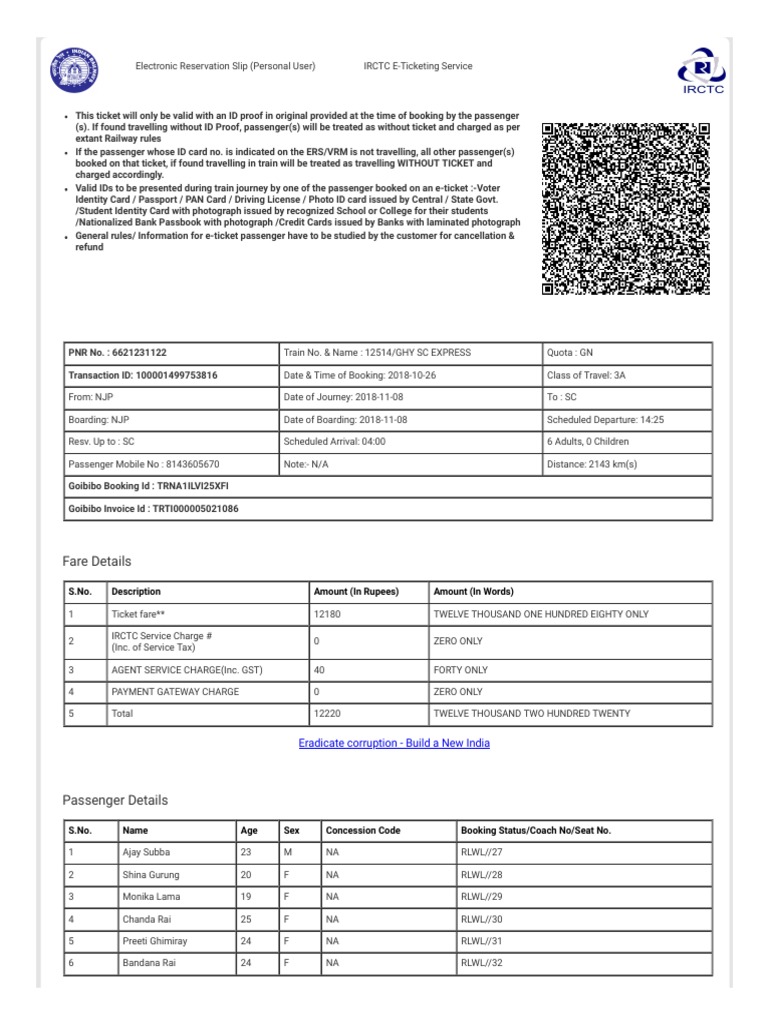 NJP To SCR | PDF | Identity Document | Ticket (Admission)
