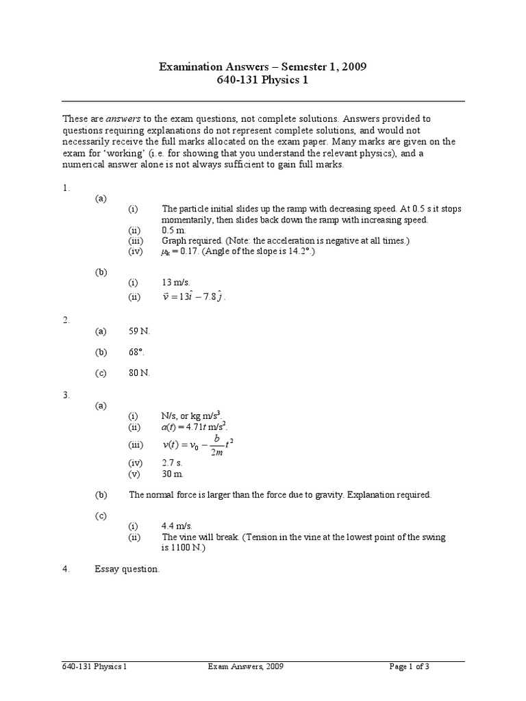 Examination Answers - Semester 1, 2009 640-131 Physics 1 | Download Free PDF | Classical ...