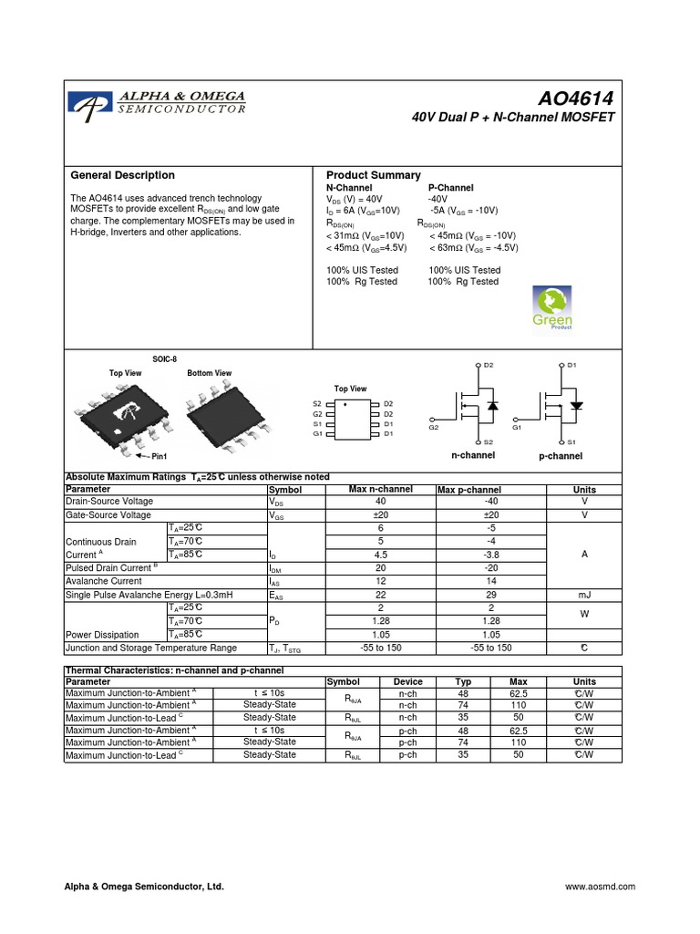 Ao4614 Ci Mosfet Integrados | PDF | Field Effect Transistor | Mosfet