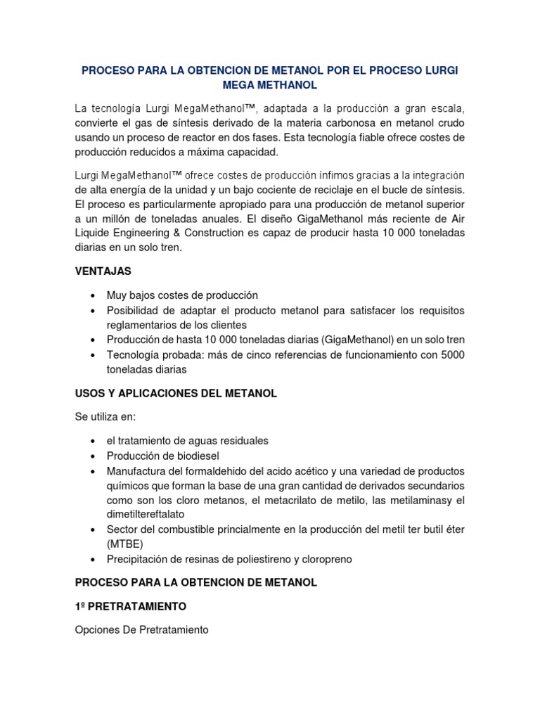 Proceso Lurgi Mega Methanol | PDF | Motor a reacción | Metano