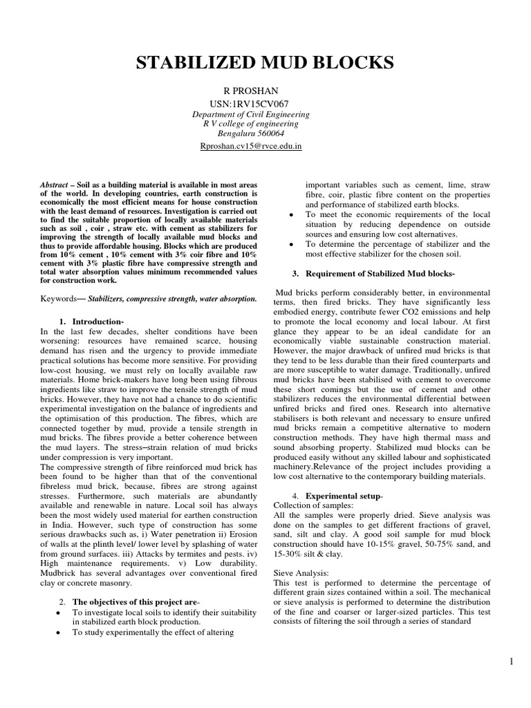 Stabilized Mud Blocks: R Proshan USN:1RV15CV067 | PDF | Brick | Mud