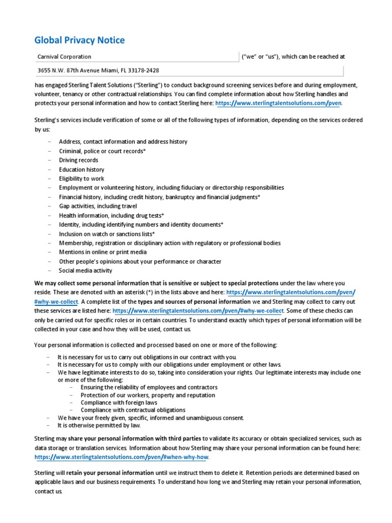 Global Privacy Notice and Authorization Form | PDF | Personally ...