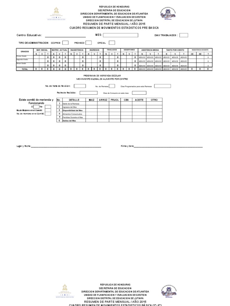 Formato Parte Mensual Prebasica Basica y Ceb Nuevo Formato1 | Alimentos ...