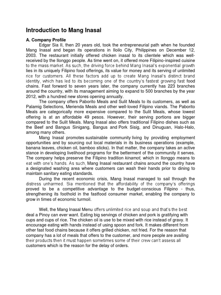 Introduction To Mang Inasal Save | PDF | Fast Food | Franchising