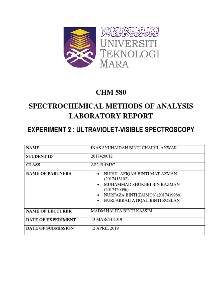 CHM 580 Spectrochemical Methods of Analysis Laboratory Report ...