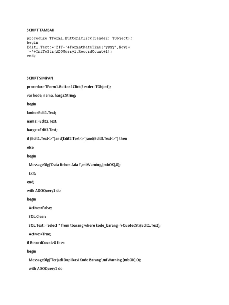 Script Tambah Edit Hapus Cari Query Delphi Pdf Sql Computer Programming Tools