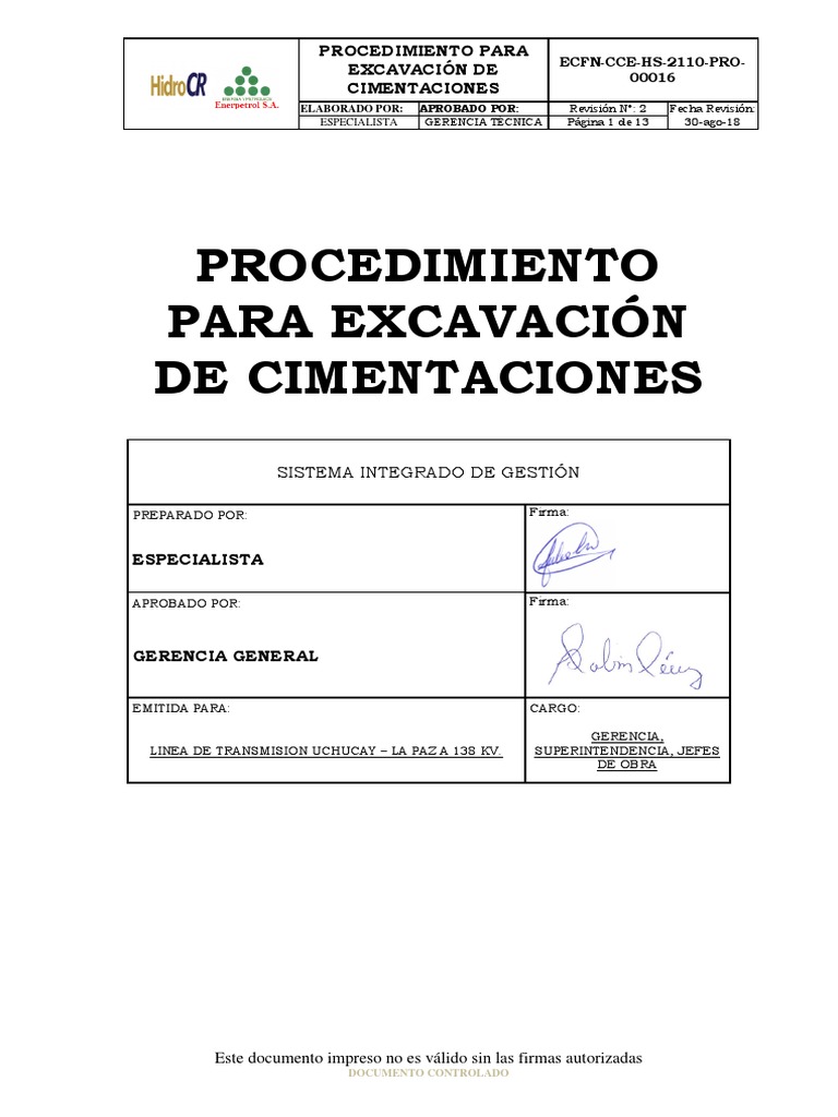 Hseq-Pr-16 Procedimiento para Excavaciones de Cimentaciones Rev | PDF ...
