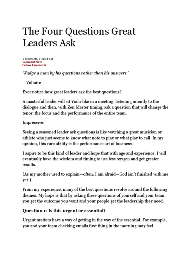 The Four Questions Great Leaders Ask | PDF | Leadership | Psychology