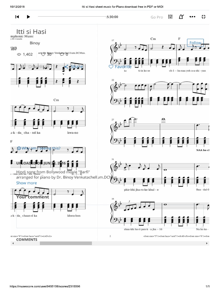 Itti Si Hasi Sheet Music For Piano Download Free in PDF or MIDI | PDF