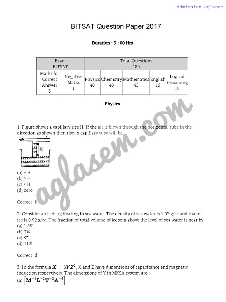 Bitsat Set 2 Bitsat Set 2 BITSAT Question Paper 2017: (M L T A) | PDF ...