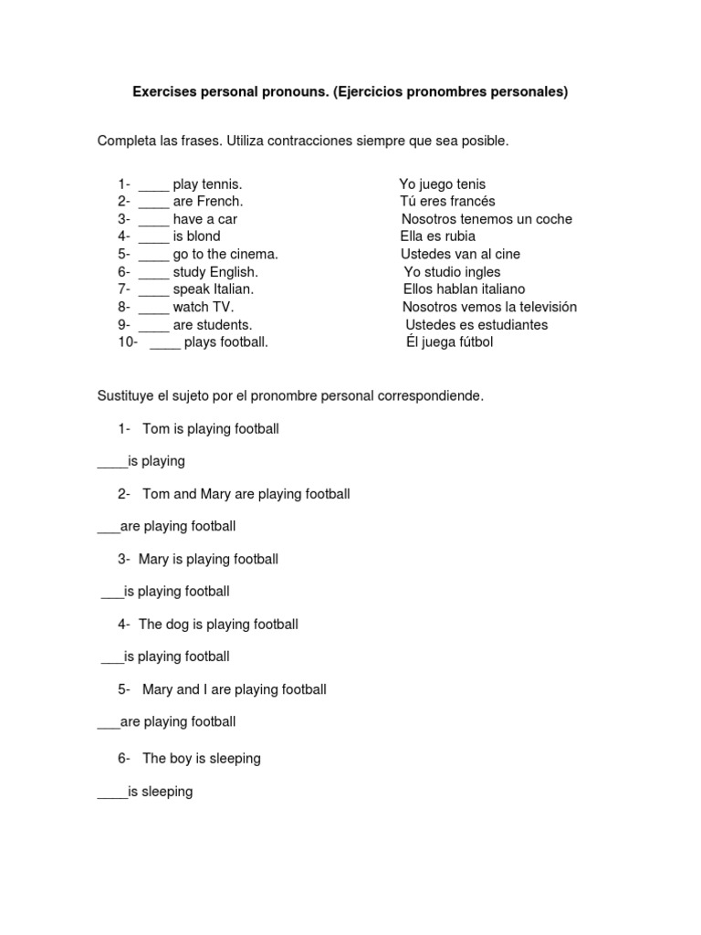 Exercises Personal Pronouns. (Ejercicios Pronombres Personales) | PDF