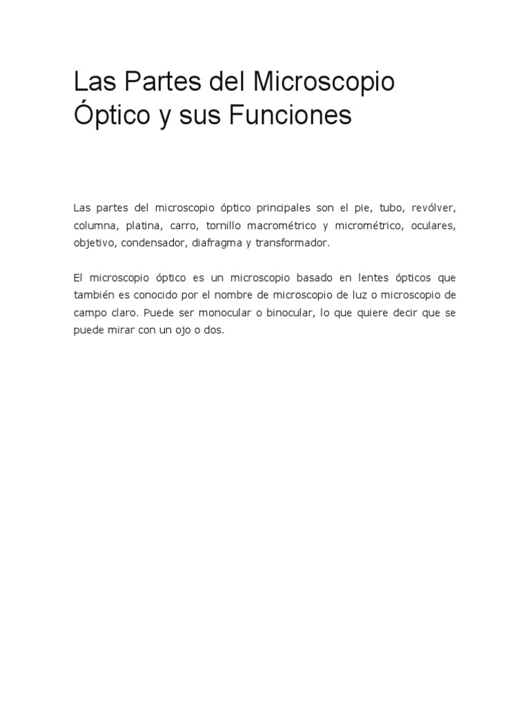 Las Partes Del Microscopio Óptico y Sus Funciones | PDF | Óptica | Equipo