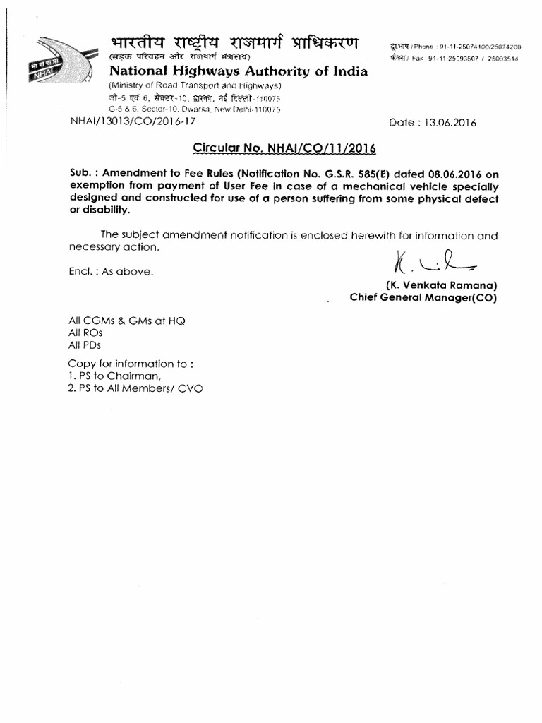 Toll Plaze Exemption For Persons With Disabiltiies Circular | PDF