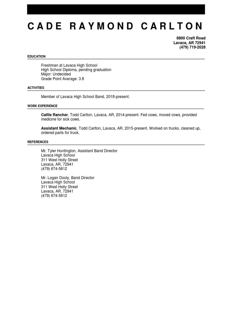 Cade Raymond Carlton: 8800 Craft Road Lavaca, AR 72941 (479) 719-2028 | PDF