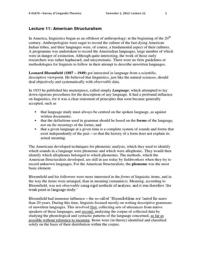 Lecture 11: American Structuralism: Leonard Bloomfield (1887 - 1949 ...