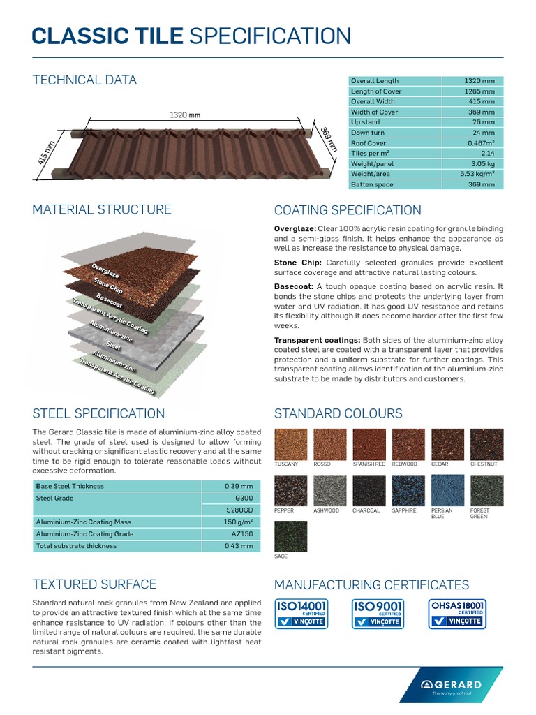 Classic Tile Specification: Technical Data | PDF | Steel | Building ...