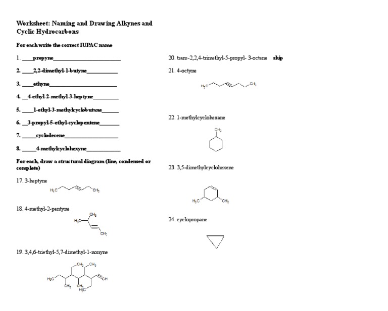 Worksheet: Naming and Drawing Alkynes and Cyclic Hydrocarbons | PDF