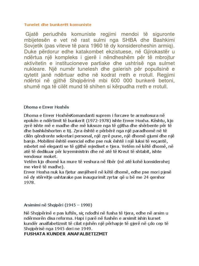 Tunelet Dhe Bunkerët Komuniste | PDF