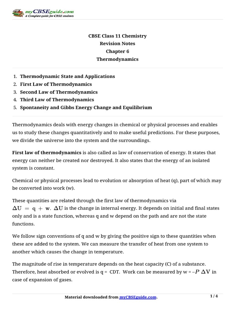 CBSE Class 11 Chemistry Revision Notes Thermodynamics: Material ...