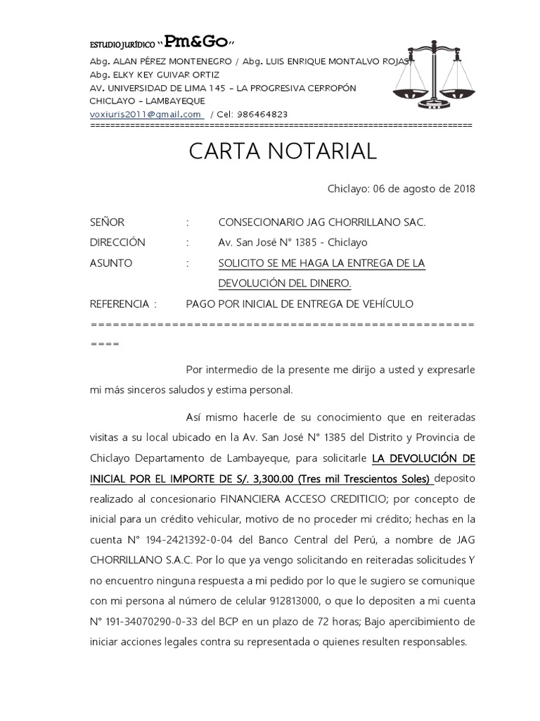 Formato Carta Devolucion De Dinero/carta Poder Notarial