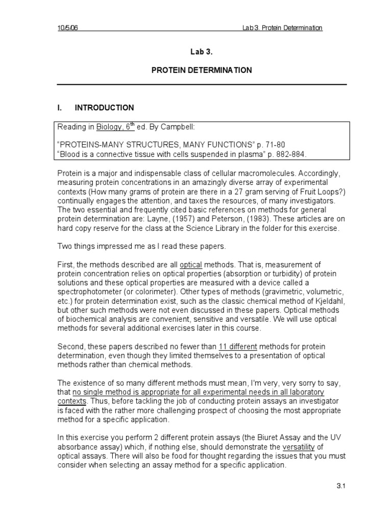 Lab 3. Protein Determination | PDF | Assay | Spectrophotometry